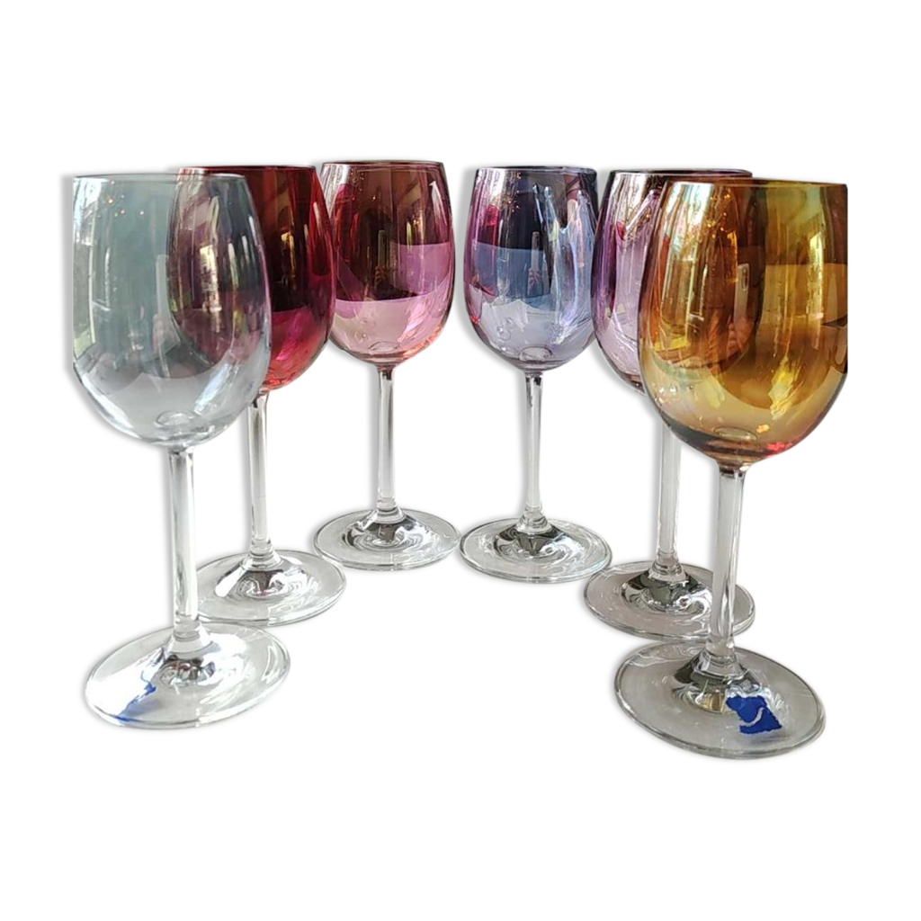 Lot 6 verres en cristal multicolores aux reflets irisés, style Murano ...