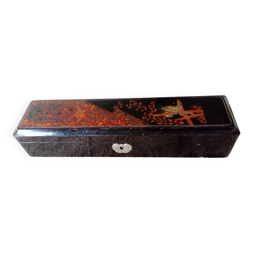 Coffret/plumier en bois laqué à décor asiatique boîte à éventail | Selency