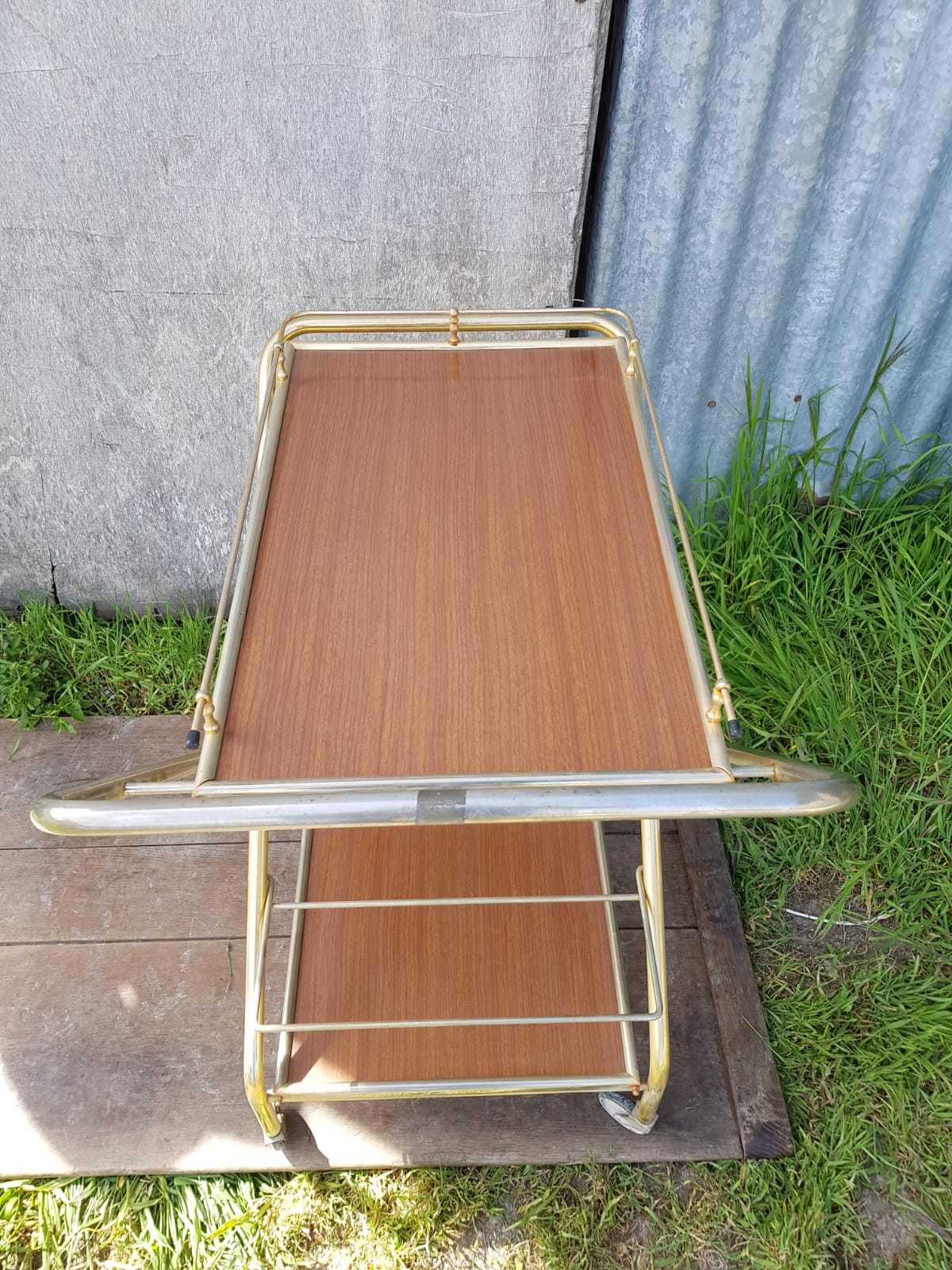 Ancient Dessert Table On Roulettes Golden Metal - Formica 70s Vintage ...