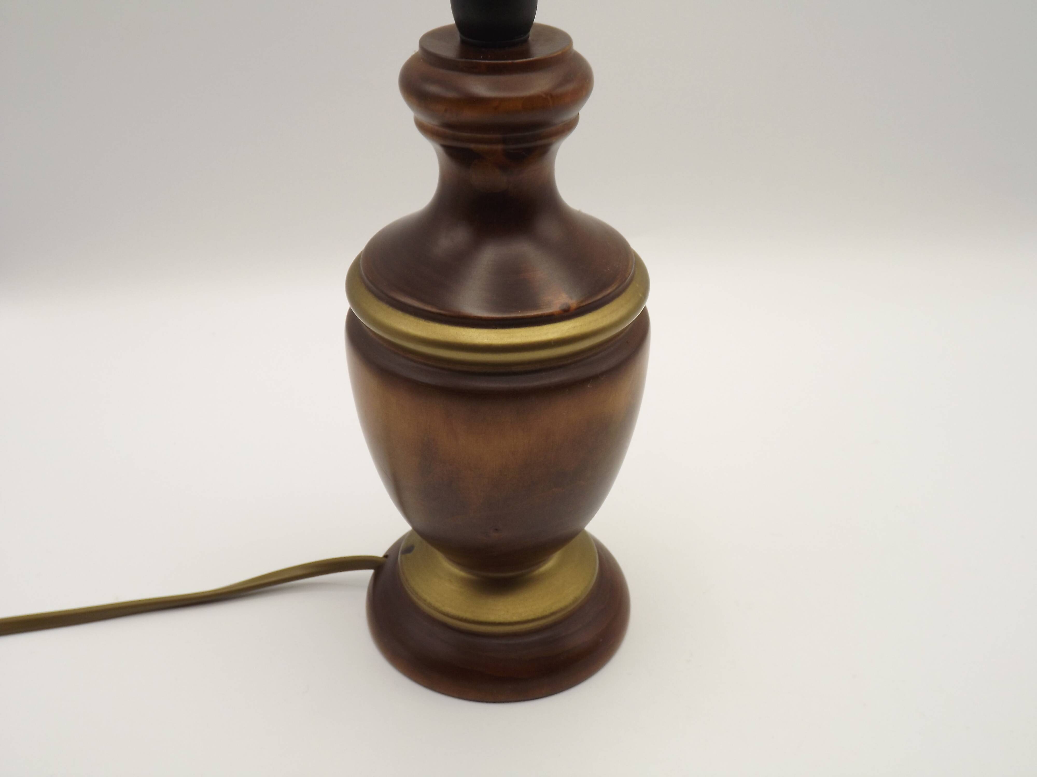 French Mid Century Round Turned Wood Table Lamp With Hide Skin Shade ...