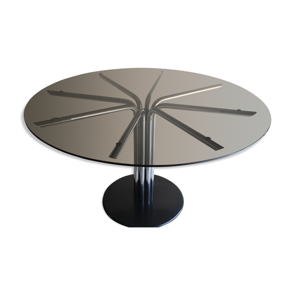 Table ronde 130 cm verre fumé pied central 8 branches en metal ...