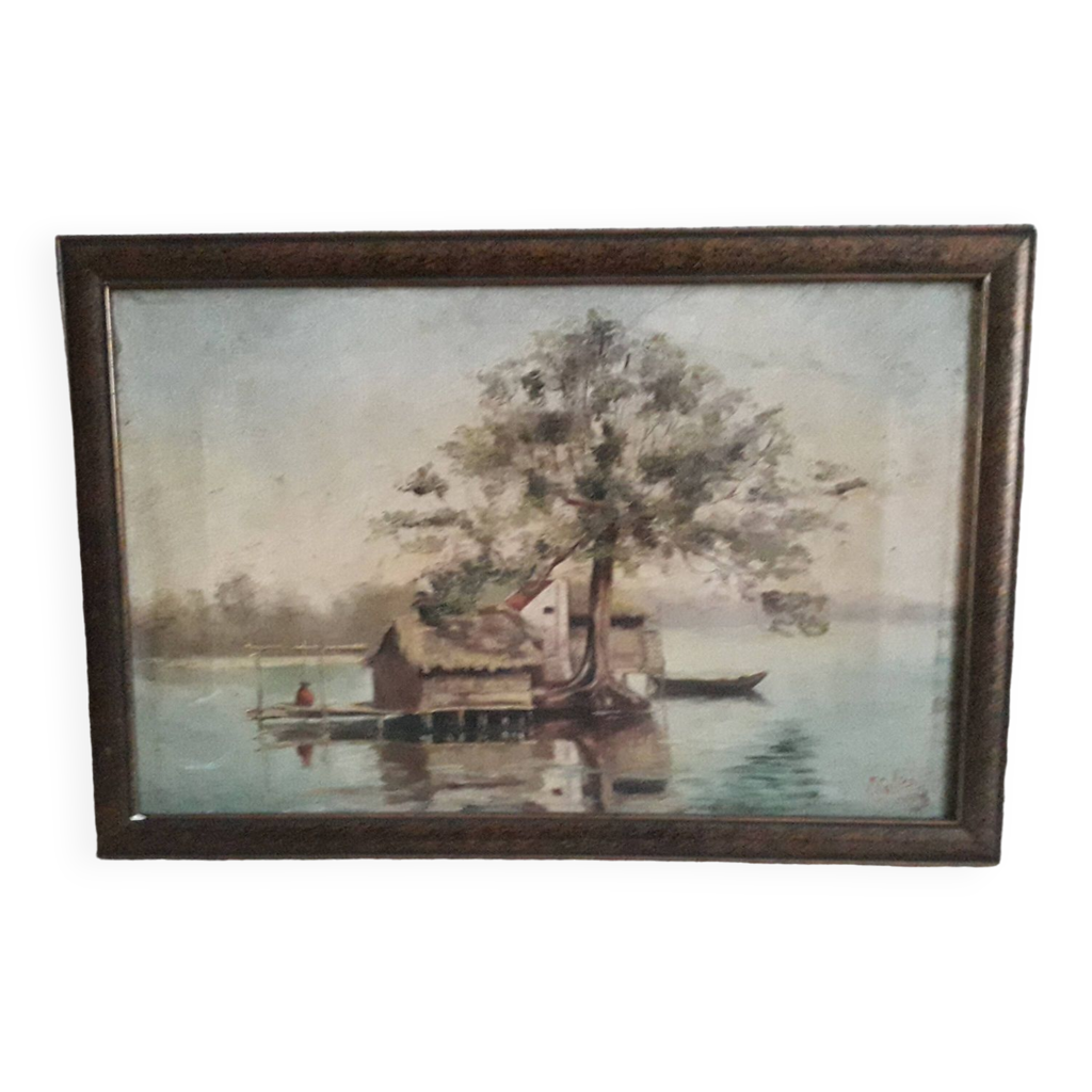 Tableau ancien à l'huile représentant un paysage | Selency