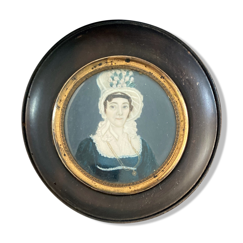 Tableau miniature ancienne "dame à la coiffe fleurie" époque directoire ...