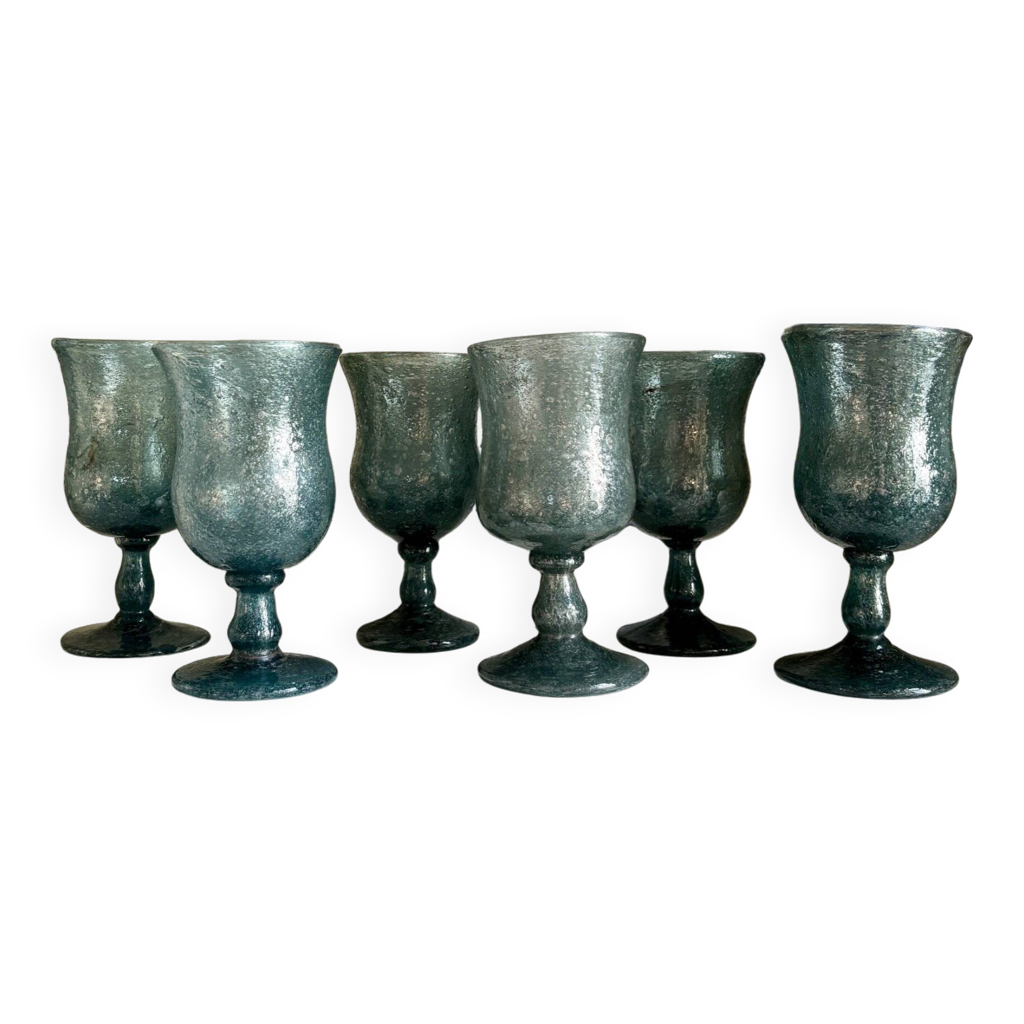 6 verres à pied dans le goût de BIOT en verre bullé bleu | Selency