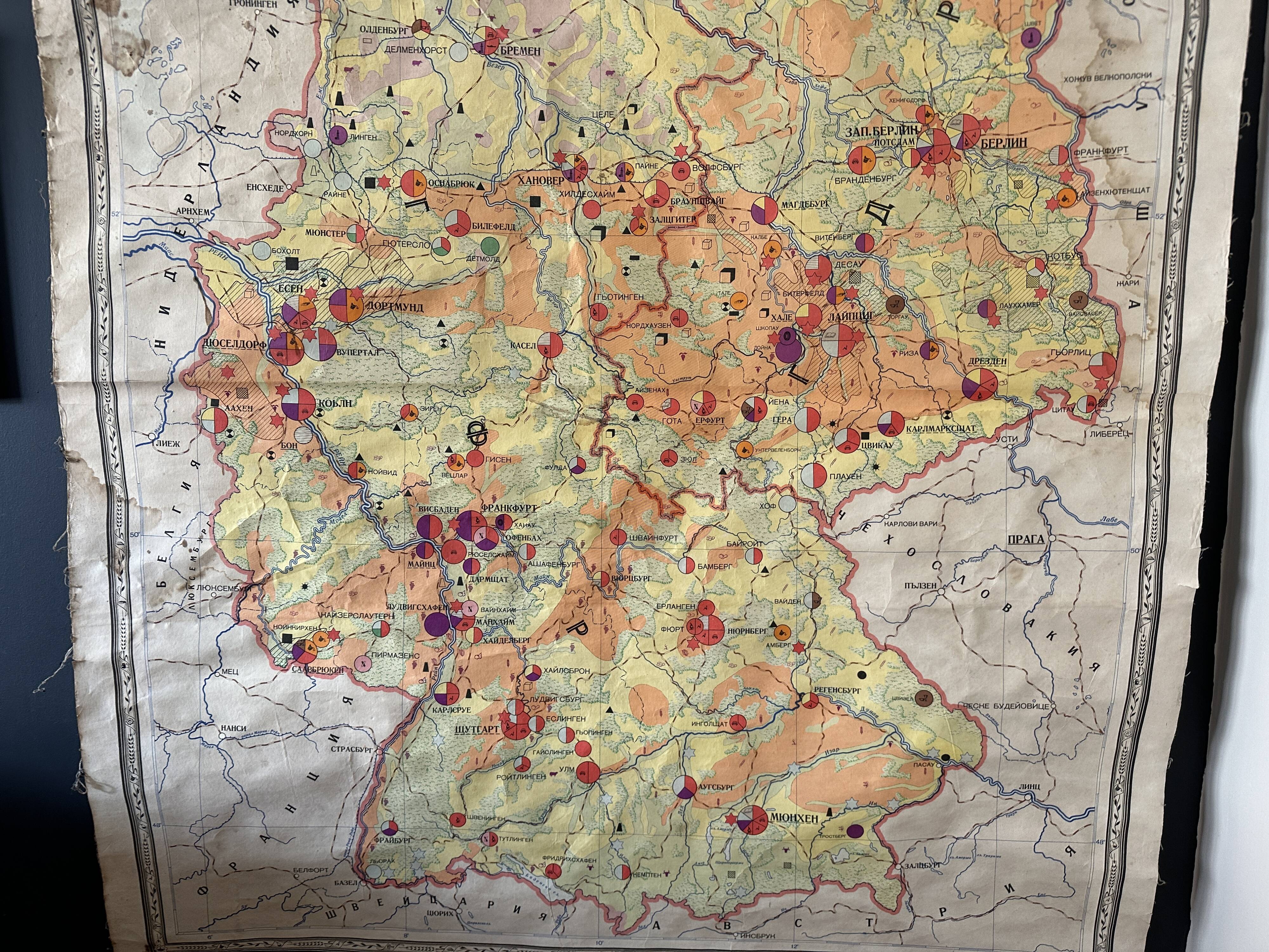 Cold war map of ddr east germany and west germany map 1963 linen school ...