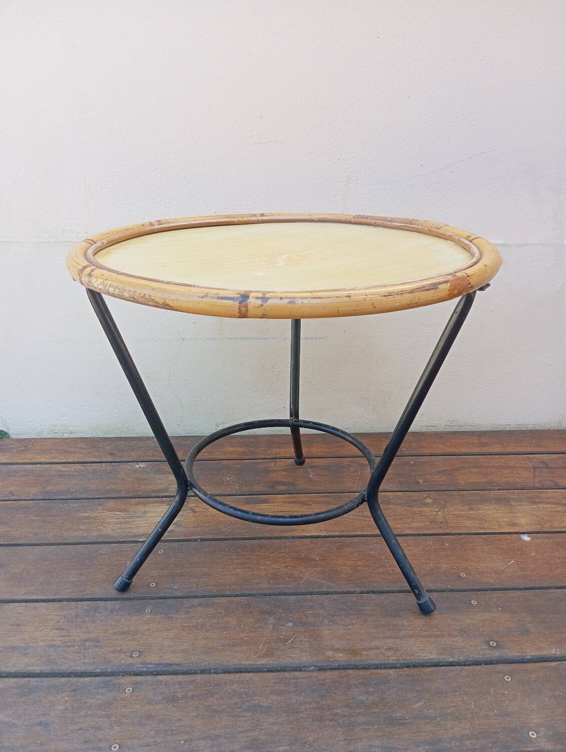 Guéridon table basse tripode, plateau bambou | Selency