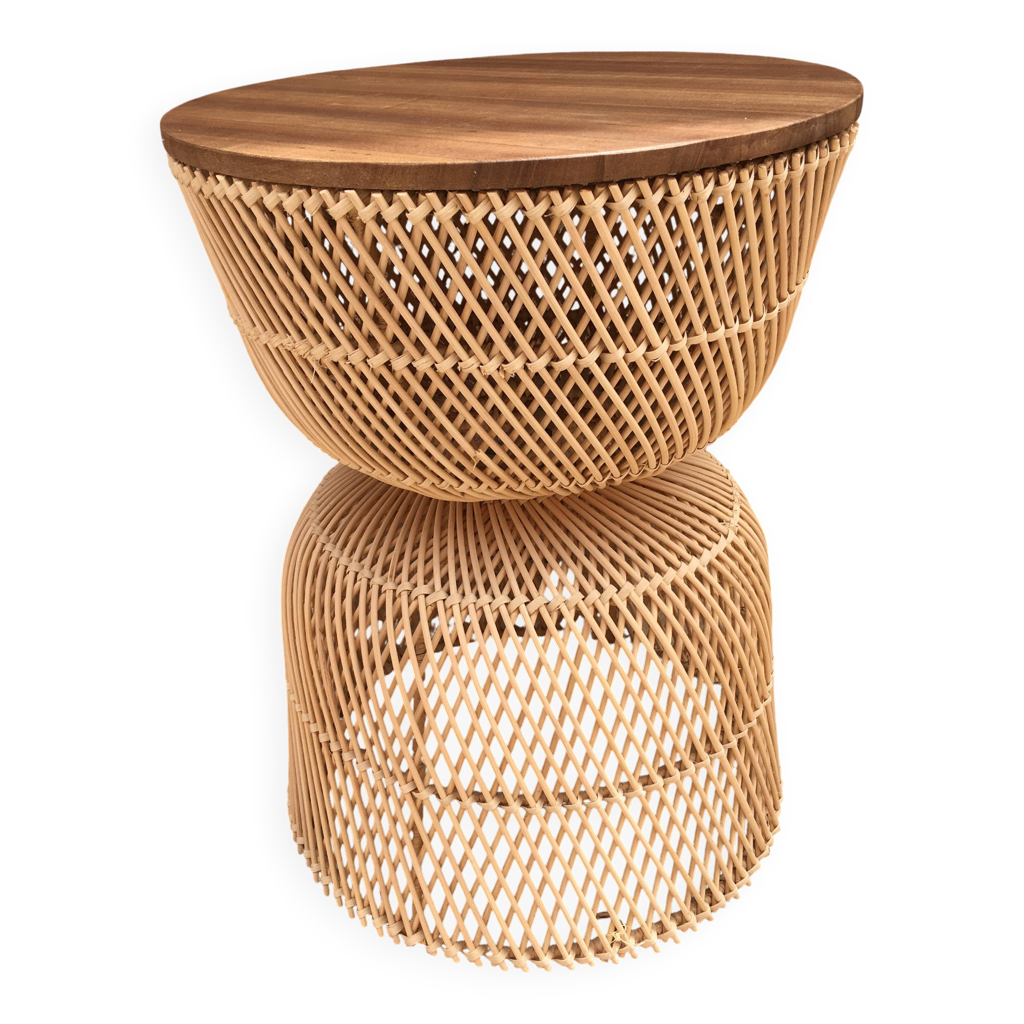 Table nomade en rotin plateau en bois de noyer | Selency