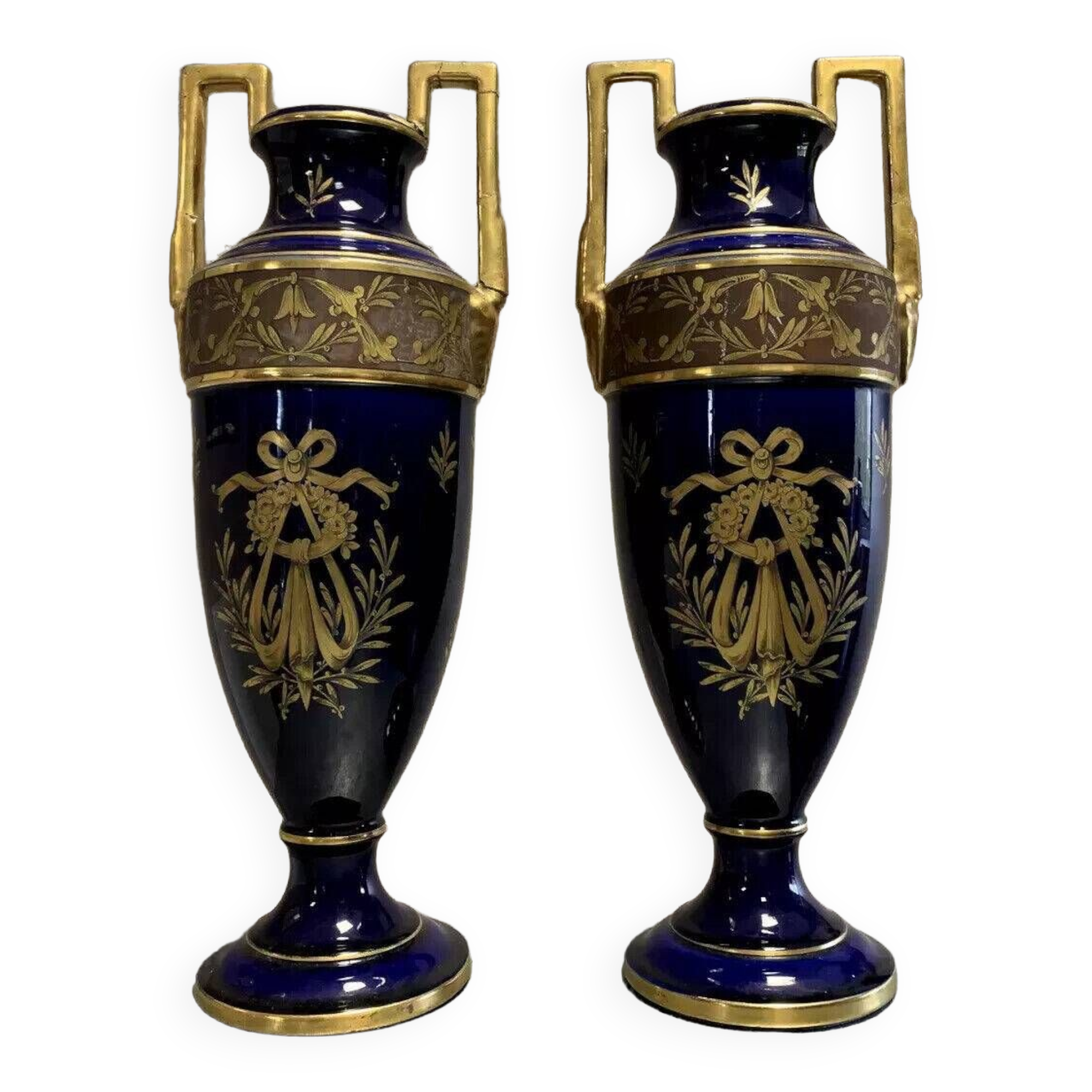 Tours, Jaget et Pinon: paire de grand vases de forme fuseau en faïence ...