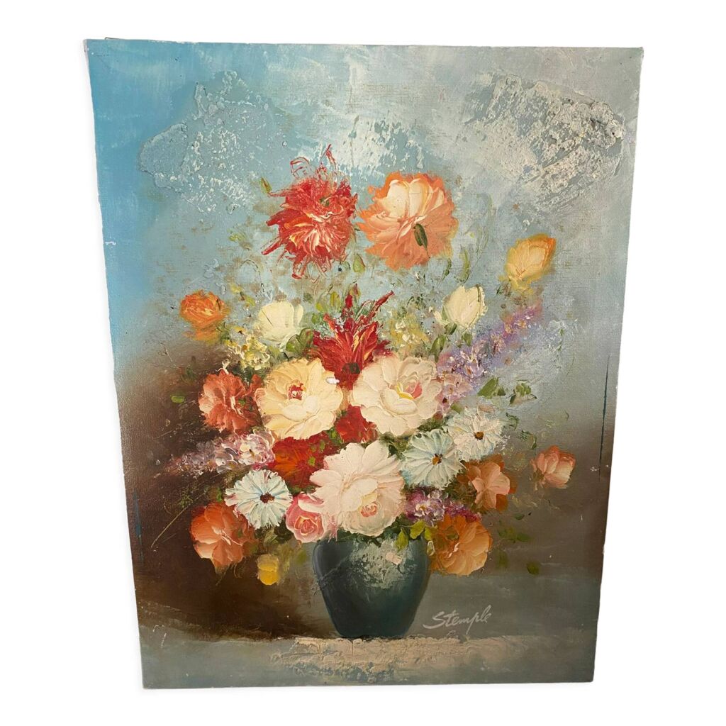 Peinture sur toile au bouquet de fleurs signée Stemple. | Selency