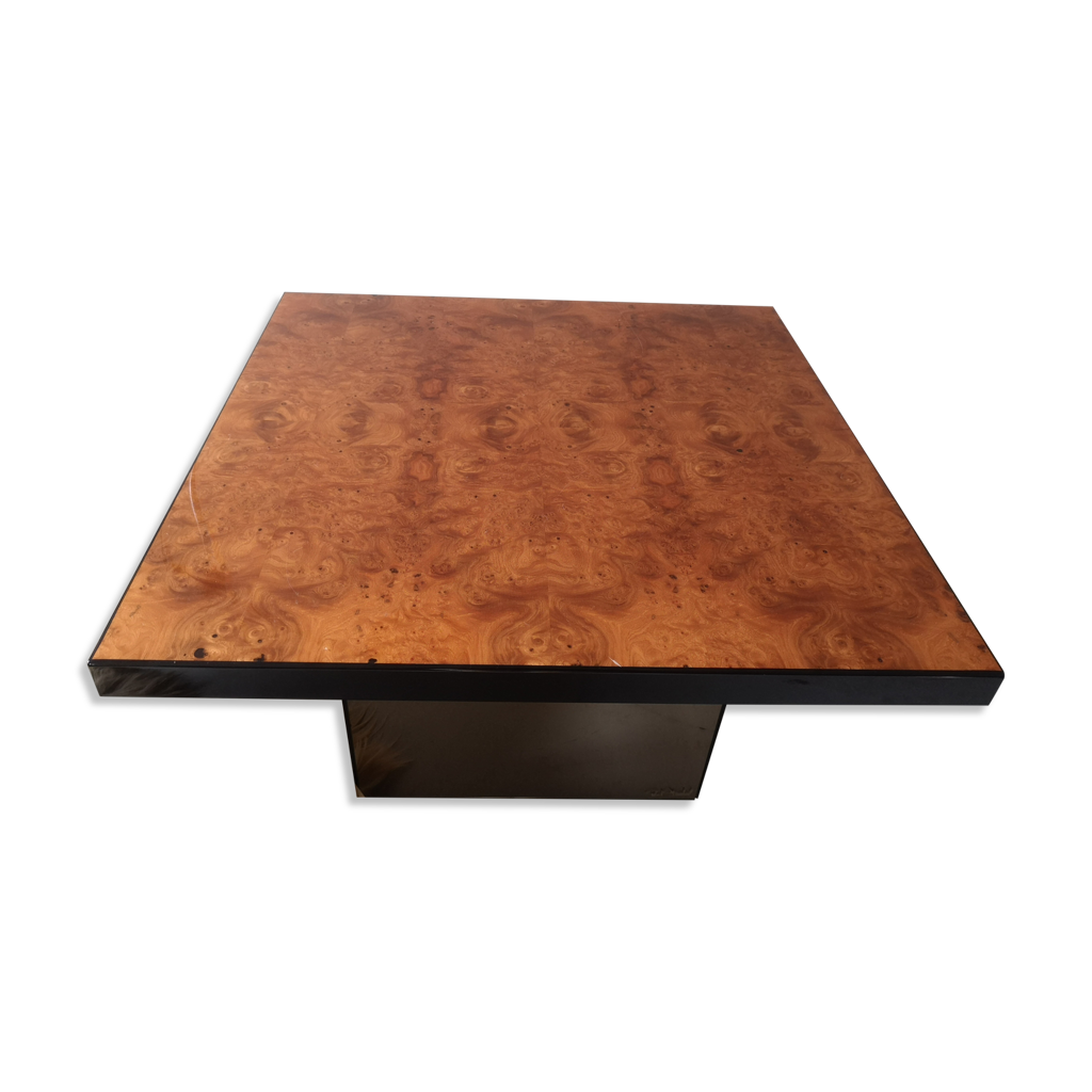 Table basse en loupe d'orme et verre fumé, signée Paul Michel, 1970 | Selency
