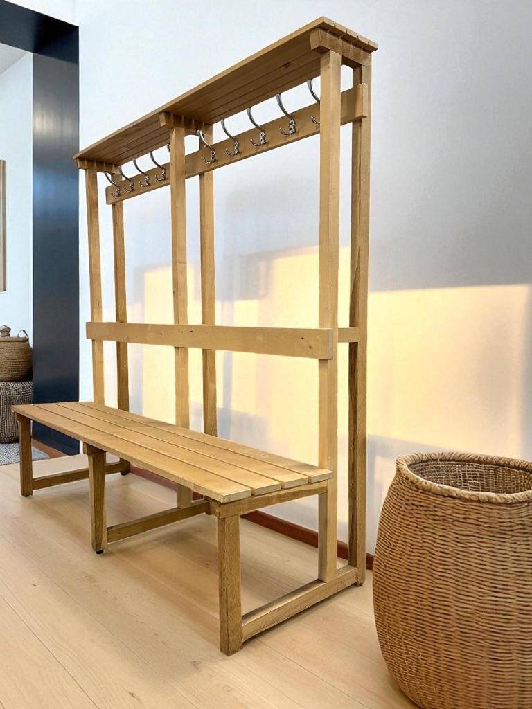 Vintage portemanteau XL en bois avec banc | Selency