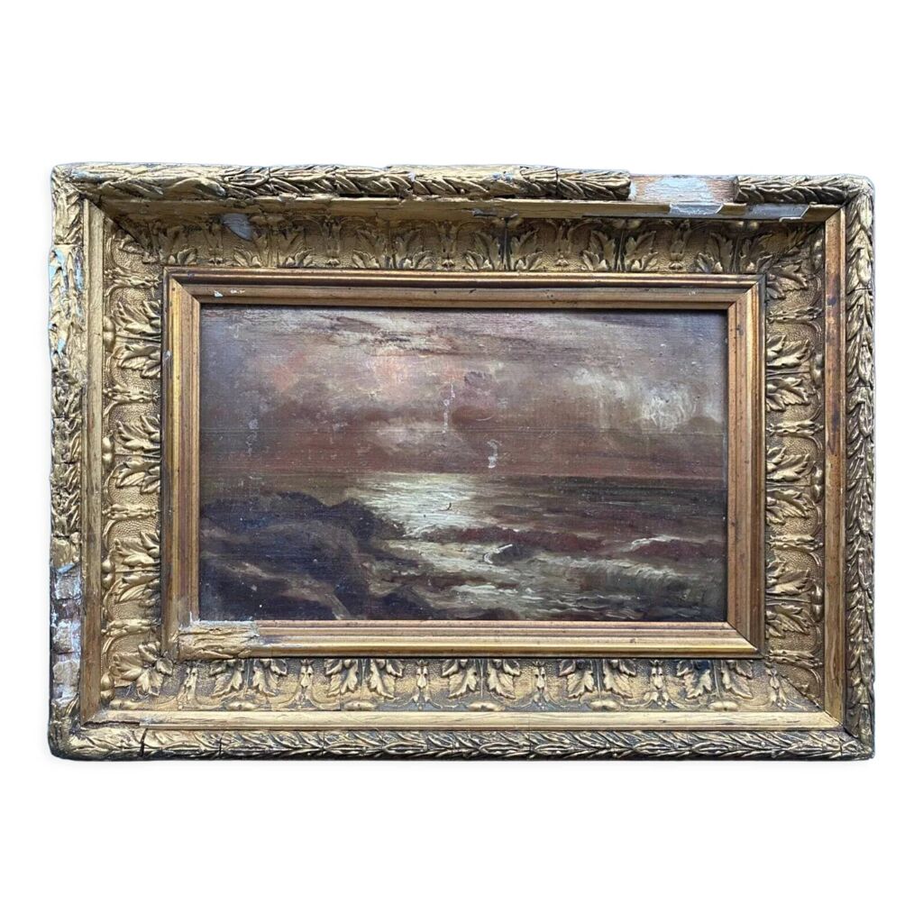 Huile sur panneau Mer déchaînée Maurice Proust XXe, cadre doré | Selency