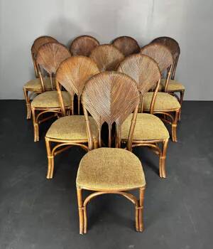 Set of 10 pencil reed rattan bamboo palm leaf dining chairs, Vivai del Sud | Selency