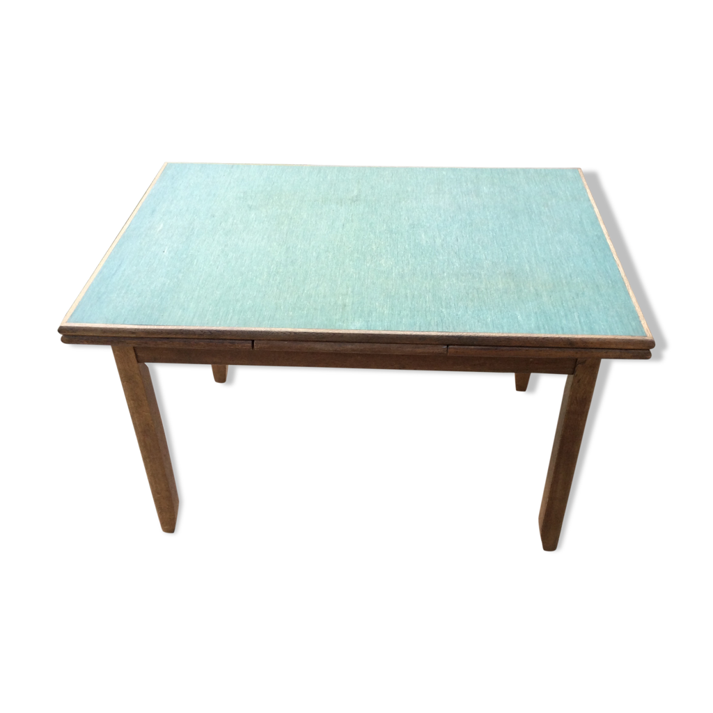 Table en bois massif et skaï vert | Selency