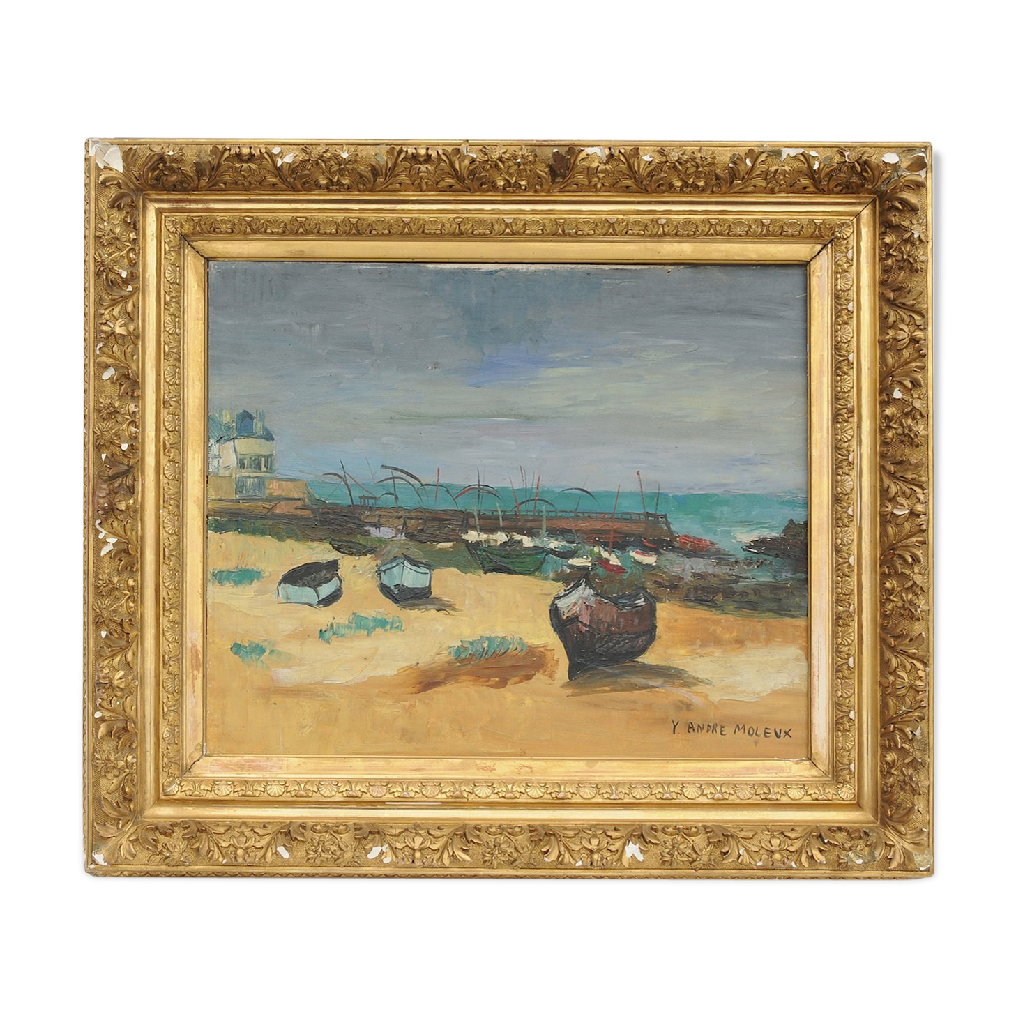 Huile sur toile "Barques sur la plage" Yves André Moleux | Selency