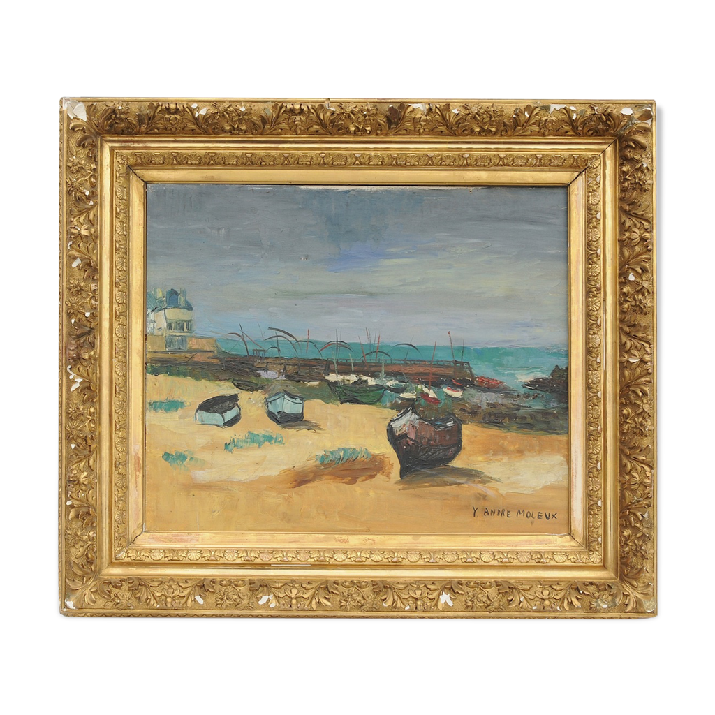 Huile sur toile "Barques sur la plage" Yves André Moleux | Selency