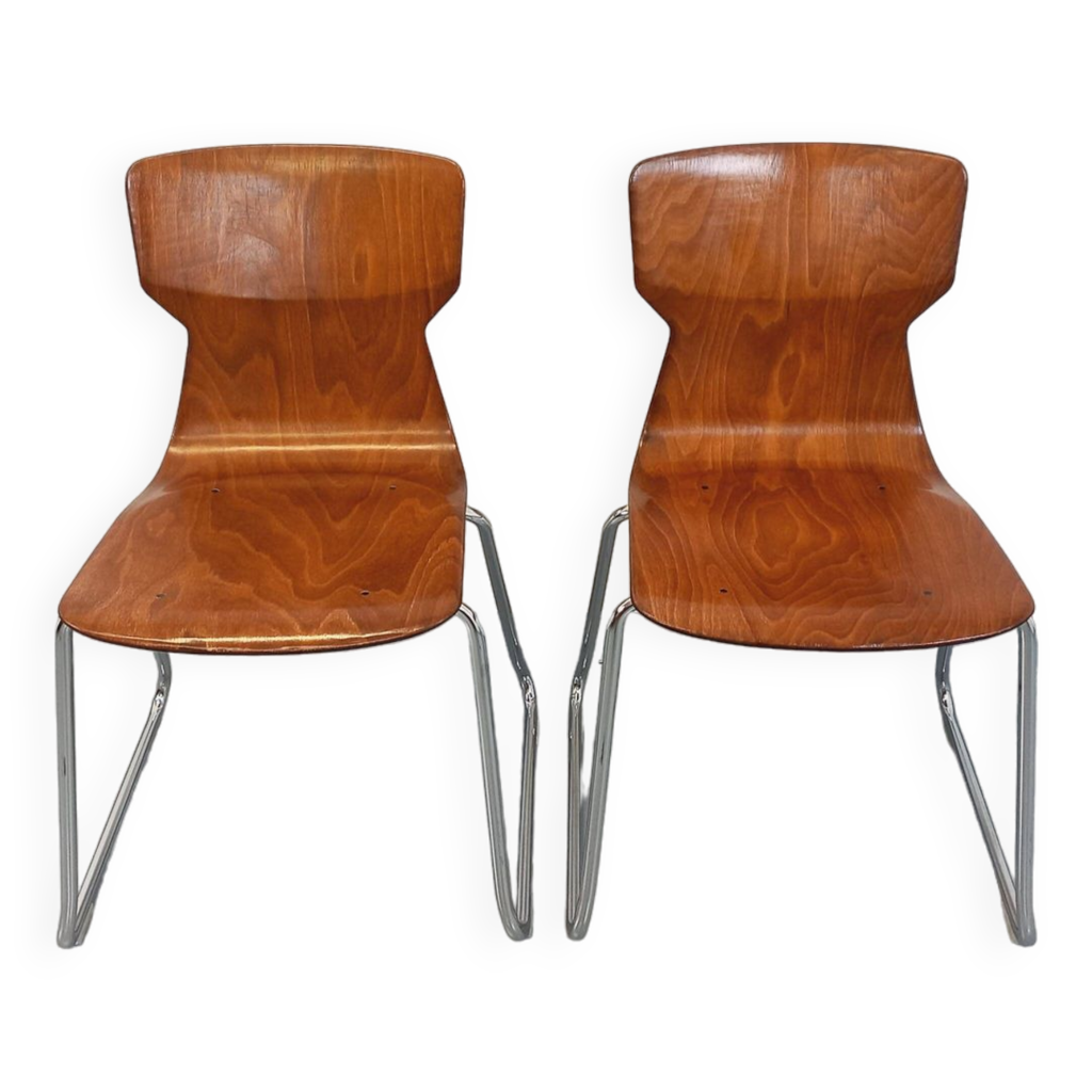 Paire de chaises design Casala Obo-Formsitz vintage en bois courbé et chrome des années 60 | Selency