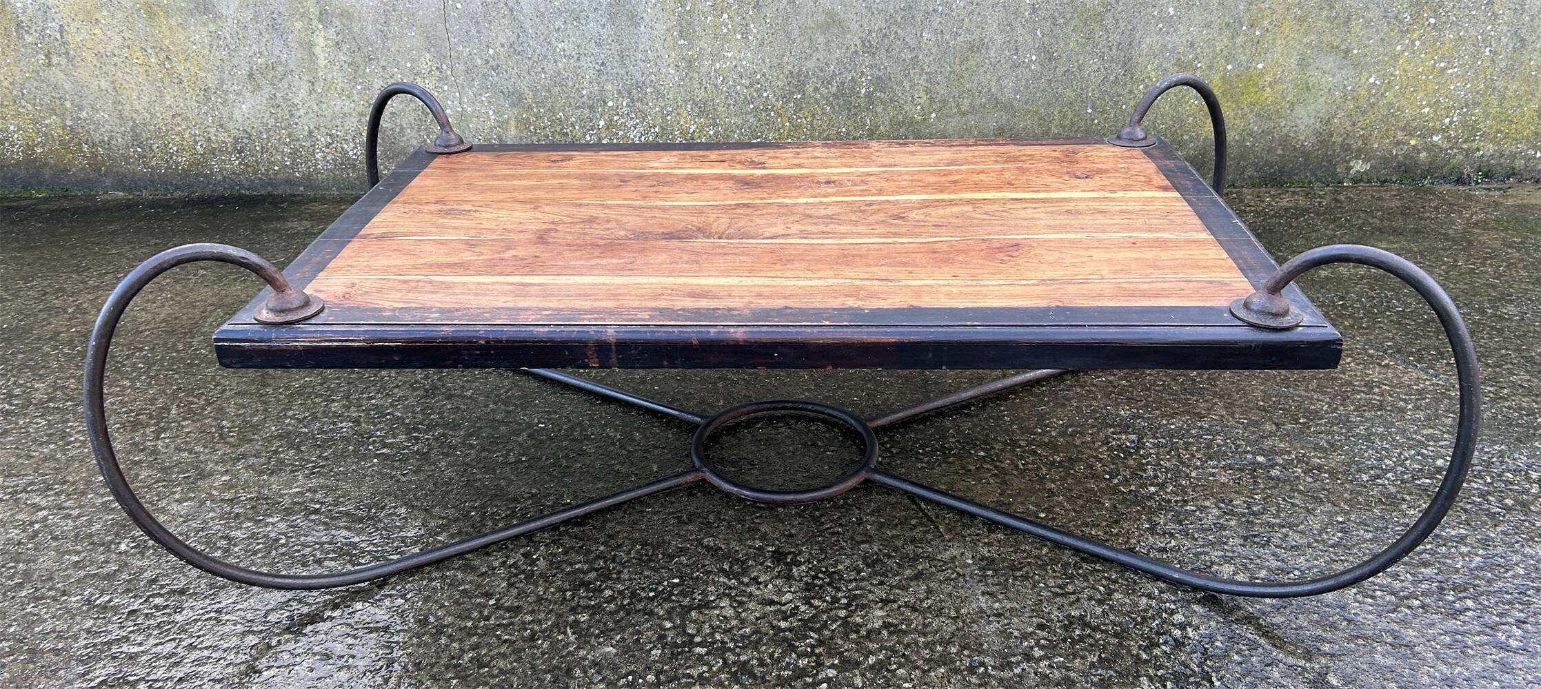 Large coffee table, wood and wrought iron, industrial spirit, vintage, 80s | Selency