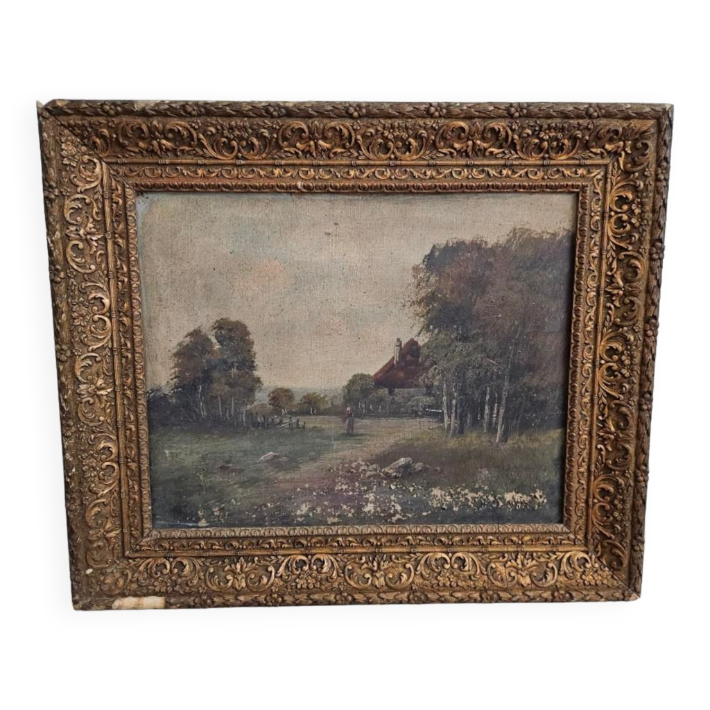 Ancien tableau paysage de campagne - Huile sur toile ancienne | Selency