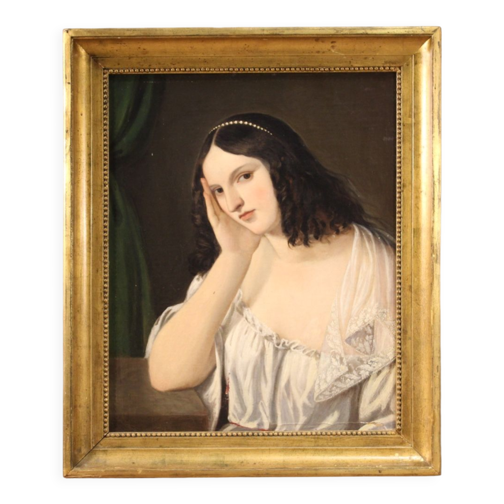 Peinture ancienne portrait d’une jeune femme du 19ème siècle | Selency