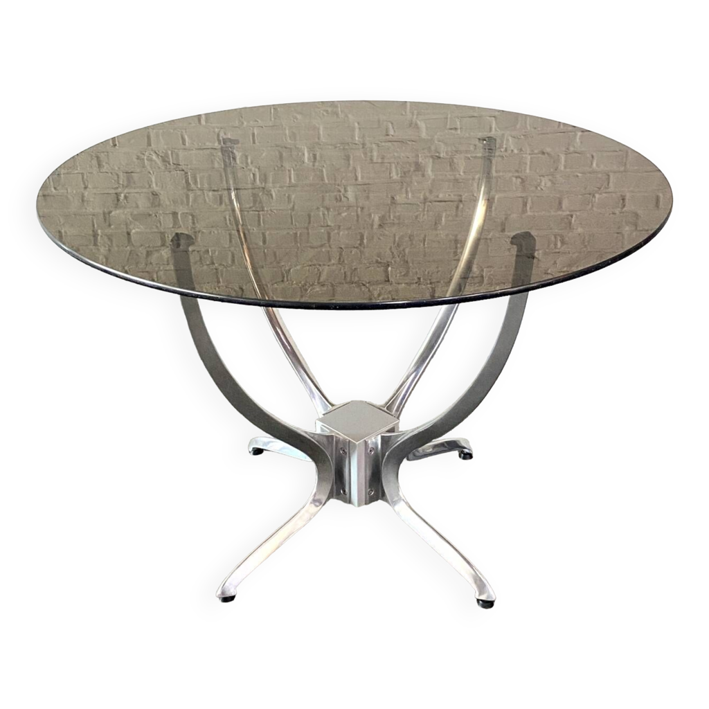 Table à manger ronde - verre fumé & piètement aluminium brossé | Selency