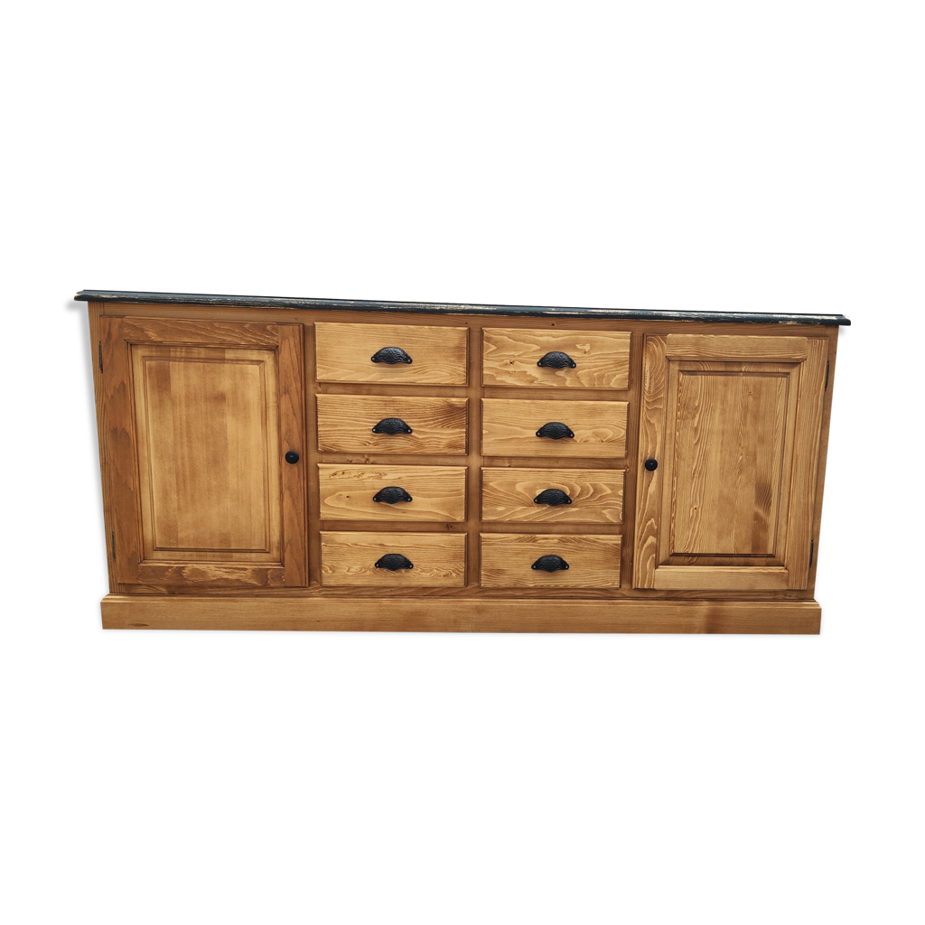 Buffet comptoir deux porte huit tiroirs pin ciré | Selency