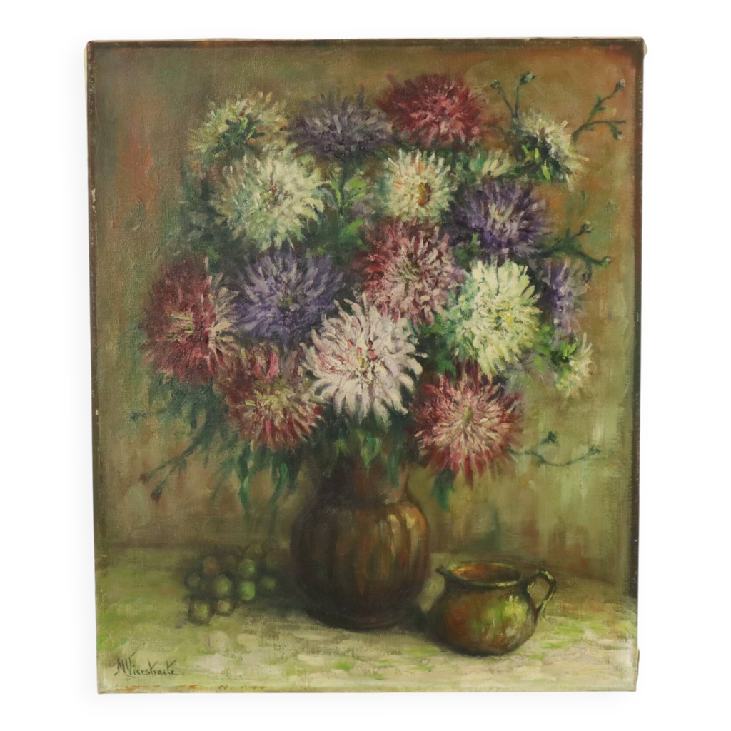 Nature morte de fleurs Dahlias signée M. Vierstraete | Selency