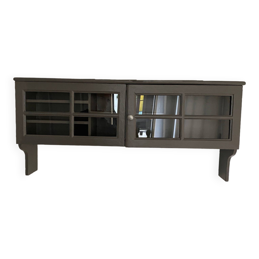 Shelf vintage wall display cabinet with two glass doors painted gray ...