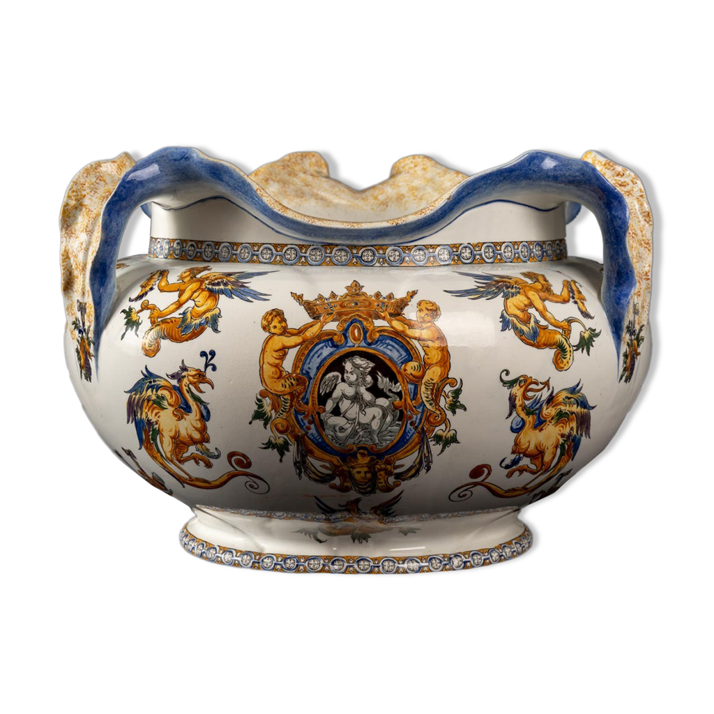 Cache pot ancien - faïence de gien - décor renaissance italienne ...