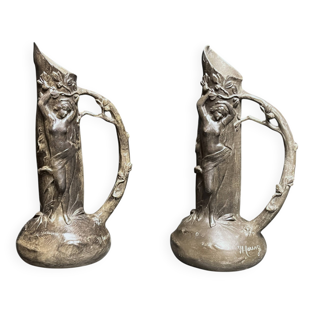 Art nouveau paire vases en étain signée W. Hering vers 1900 | Selency