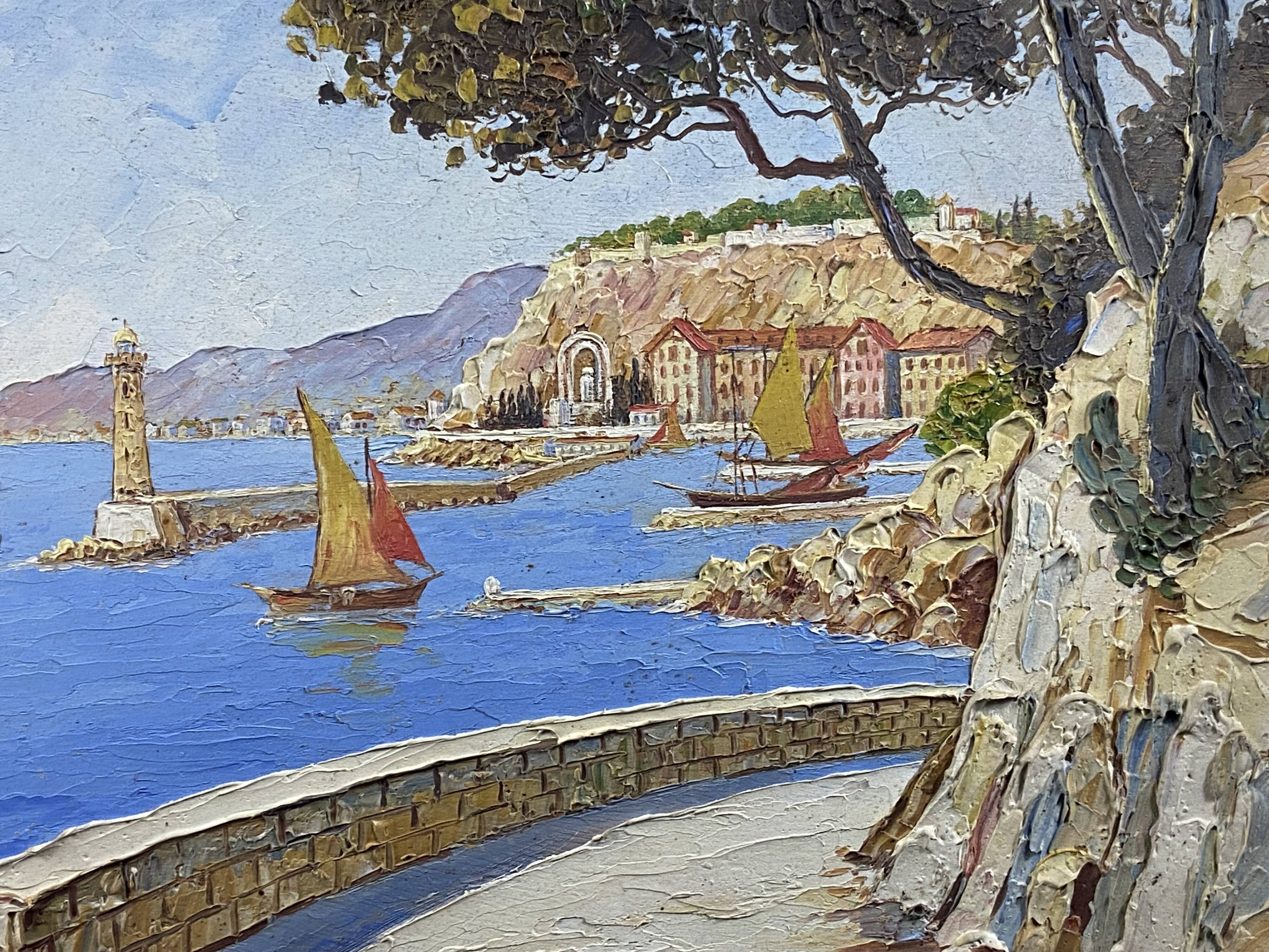 Tableau signé Xavier SAGER 1881-1969 Route de Nice vue sur port | Selency