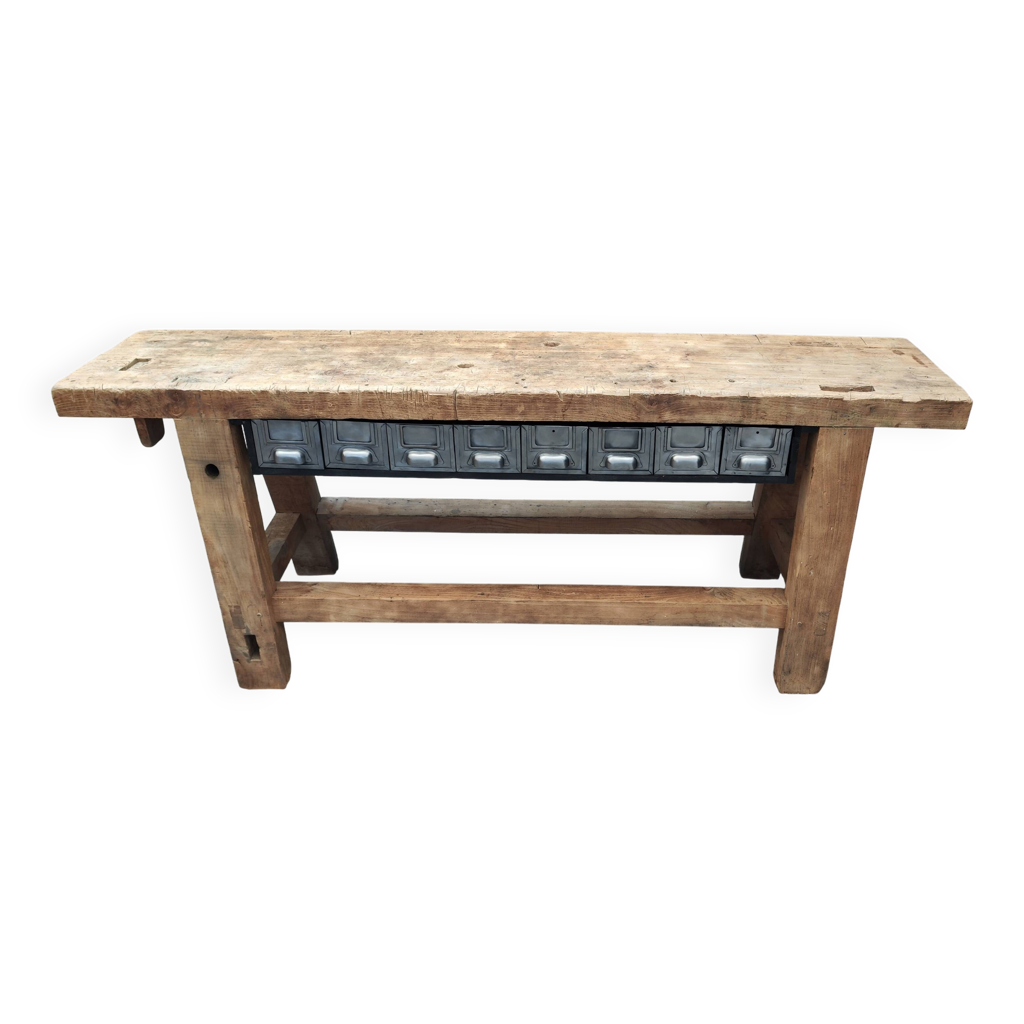 Old oak workbench console with metal drawers | Selency