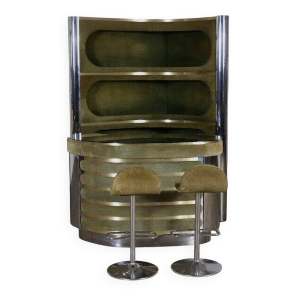 Bar en daim et chrome avec tabourets de bar verts, par Willy Rizzo ...