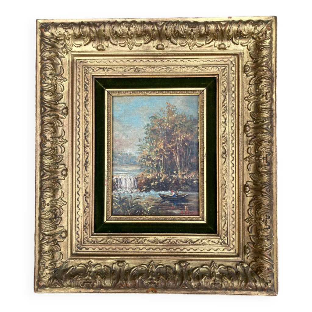 Tableau ancien - La jeune fille au bas de la cascade - cadre doré | Selency