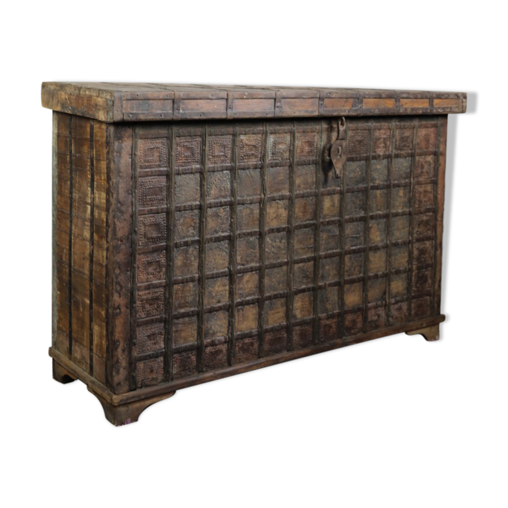 Coffre indien en bois et quadrillage métal avec ouverture sur le dessus | Selency