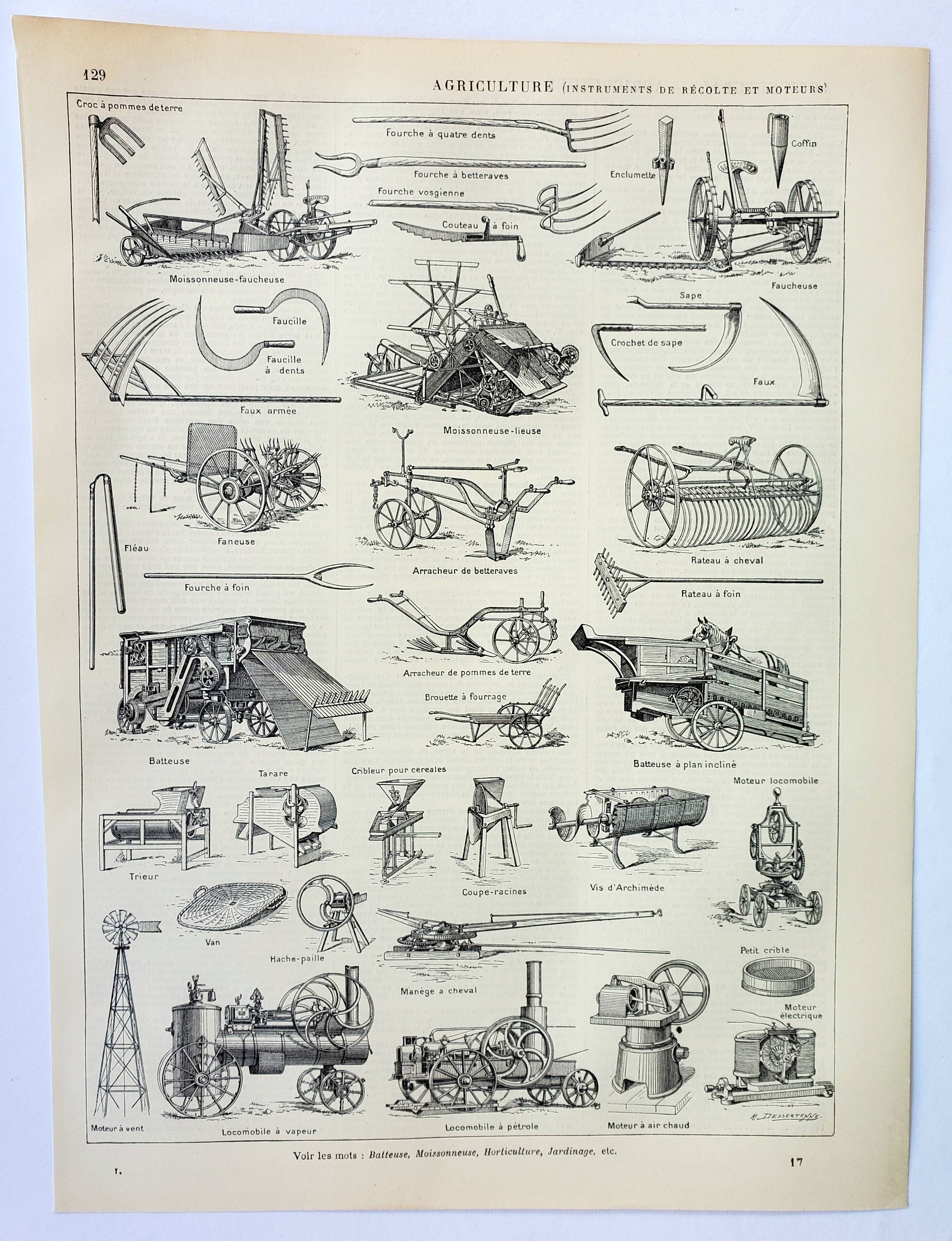 Old engraving 1898, Agriculture (harvest), farm, tools • Lithograph ...