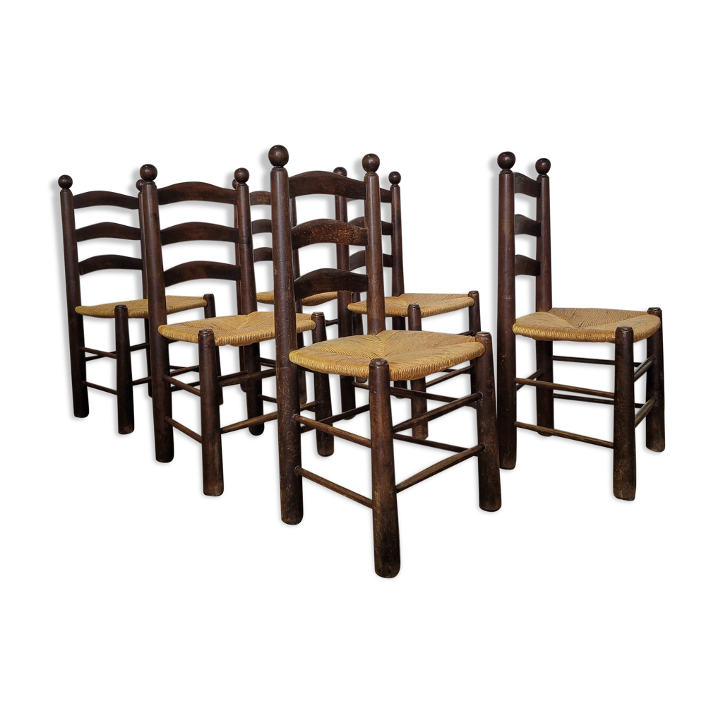 6 chaises vintage de Georges Robert en paille et bois | Selency