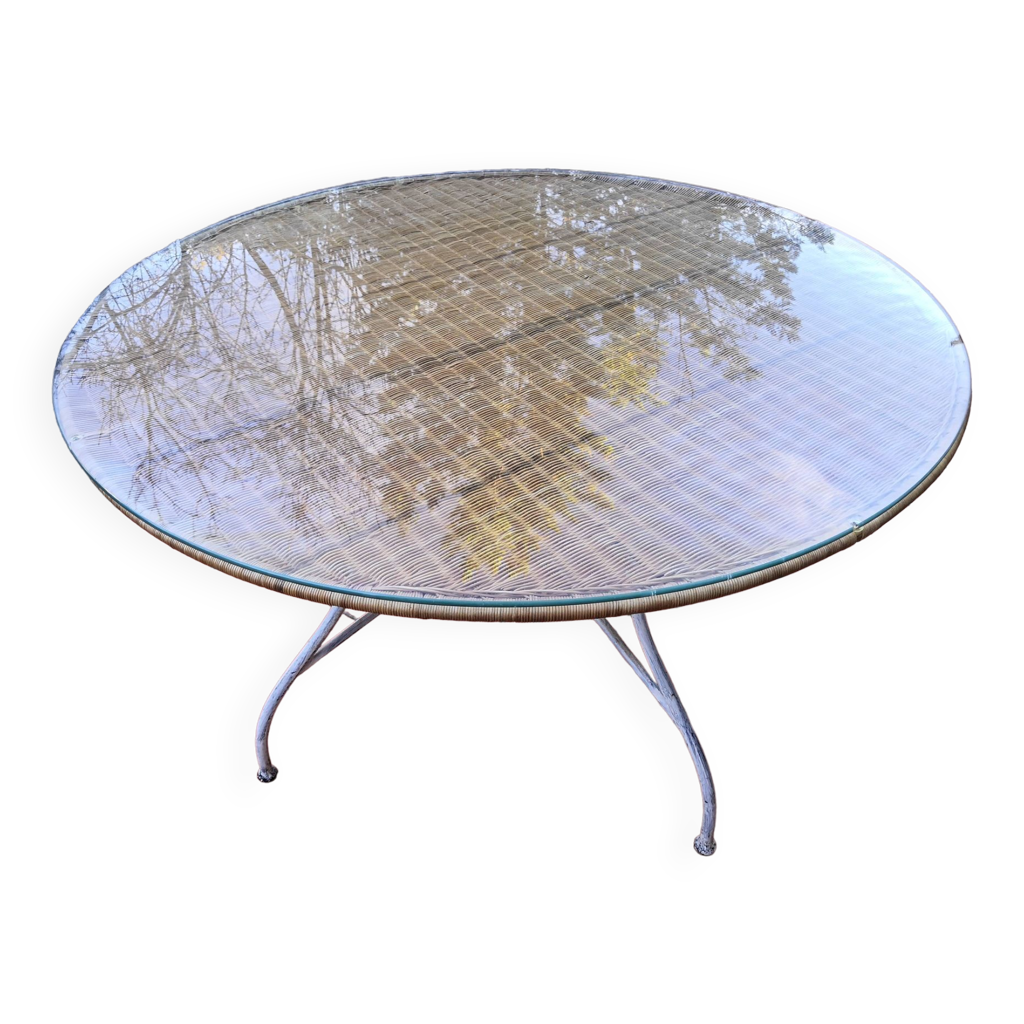 Dining table rattan and glass top & vintage metal legs | Selency