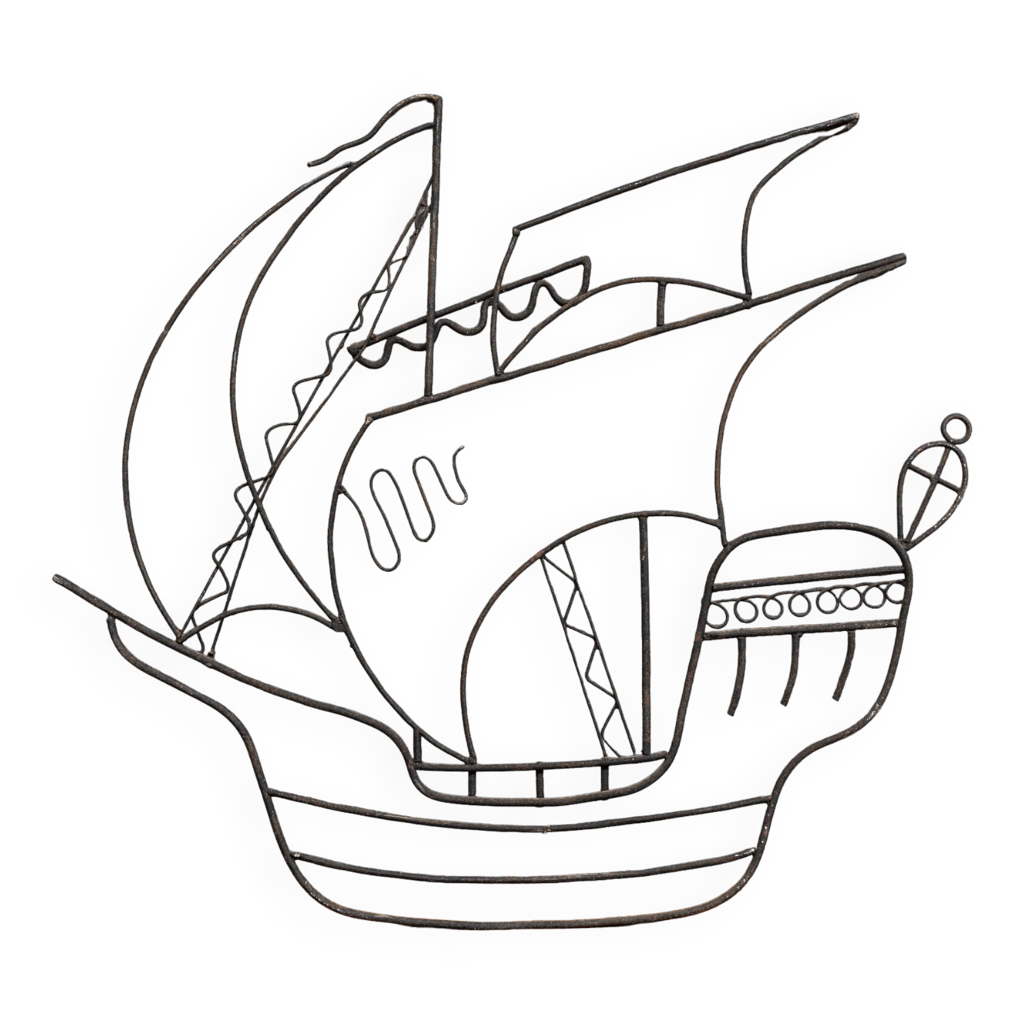 Enseigne de 1960 en métal noir tubulaire représentant un galion | Selency