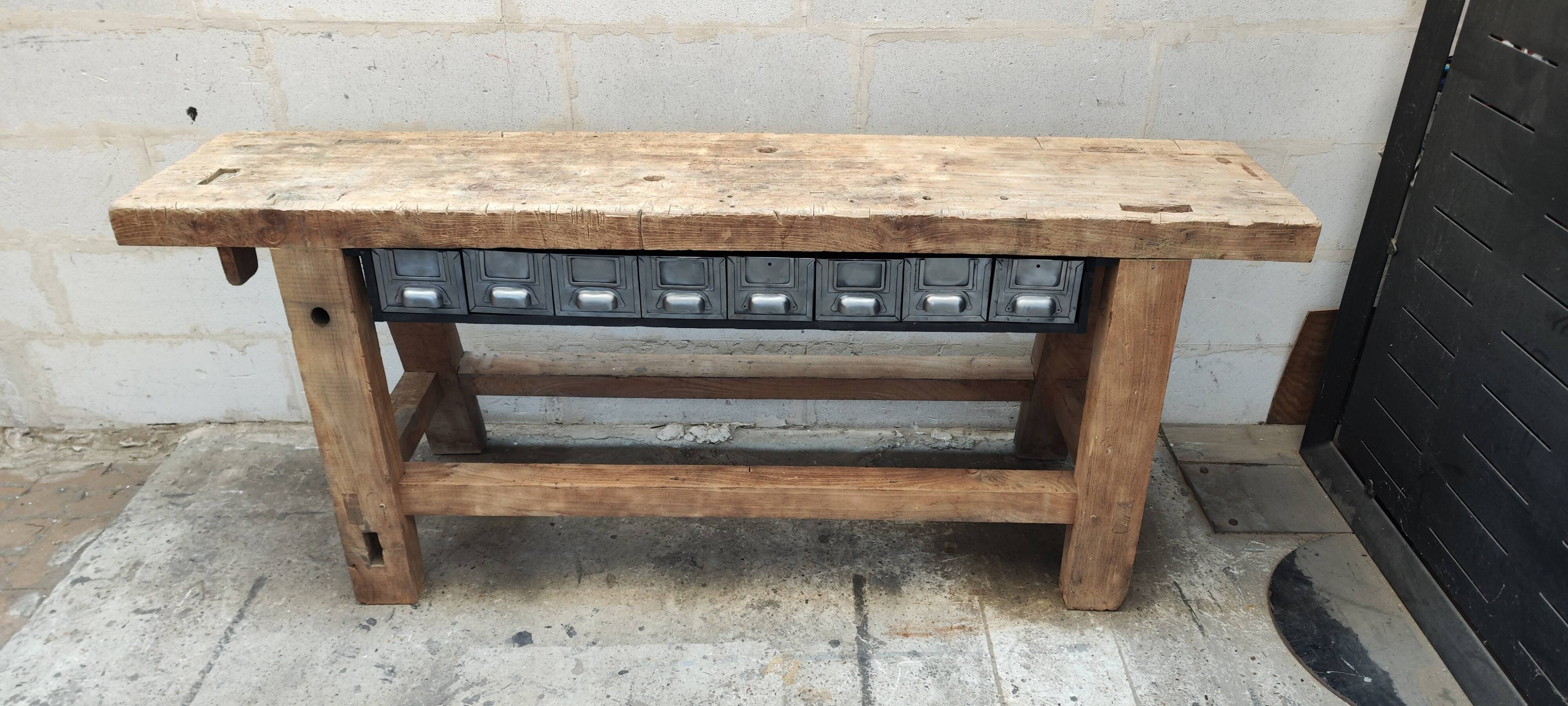 Old oak workbench console with metal drawers | Selency