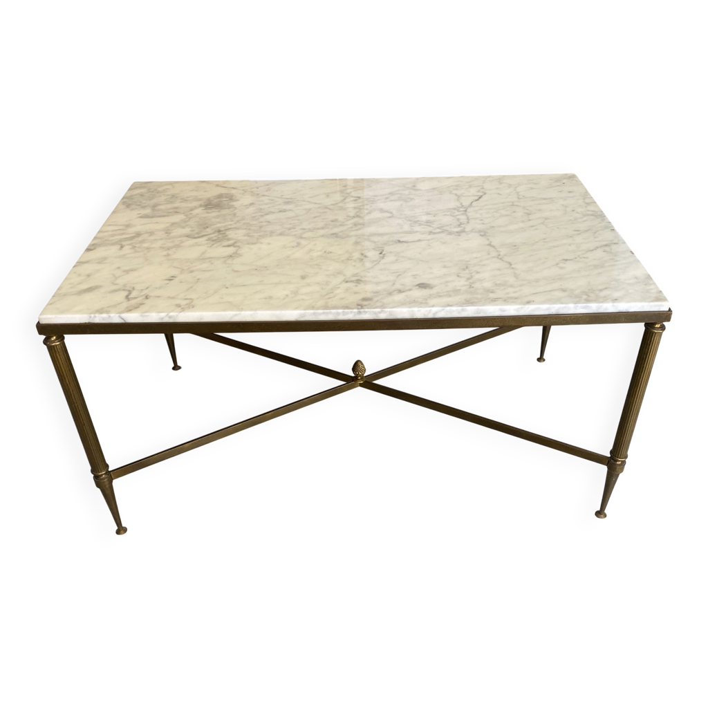 Table basse marbre blanc gris structure en métal laiton doré vintage ...
