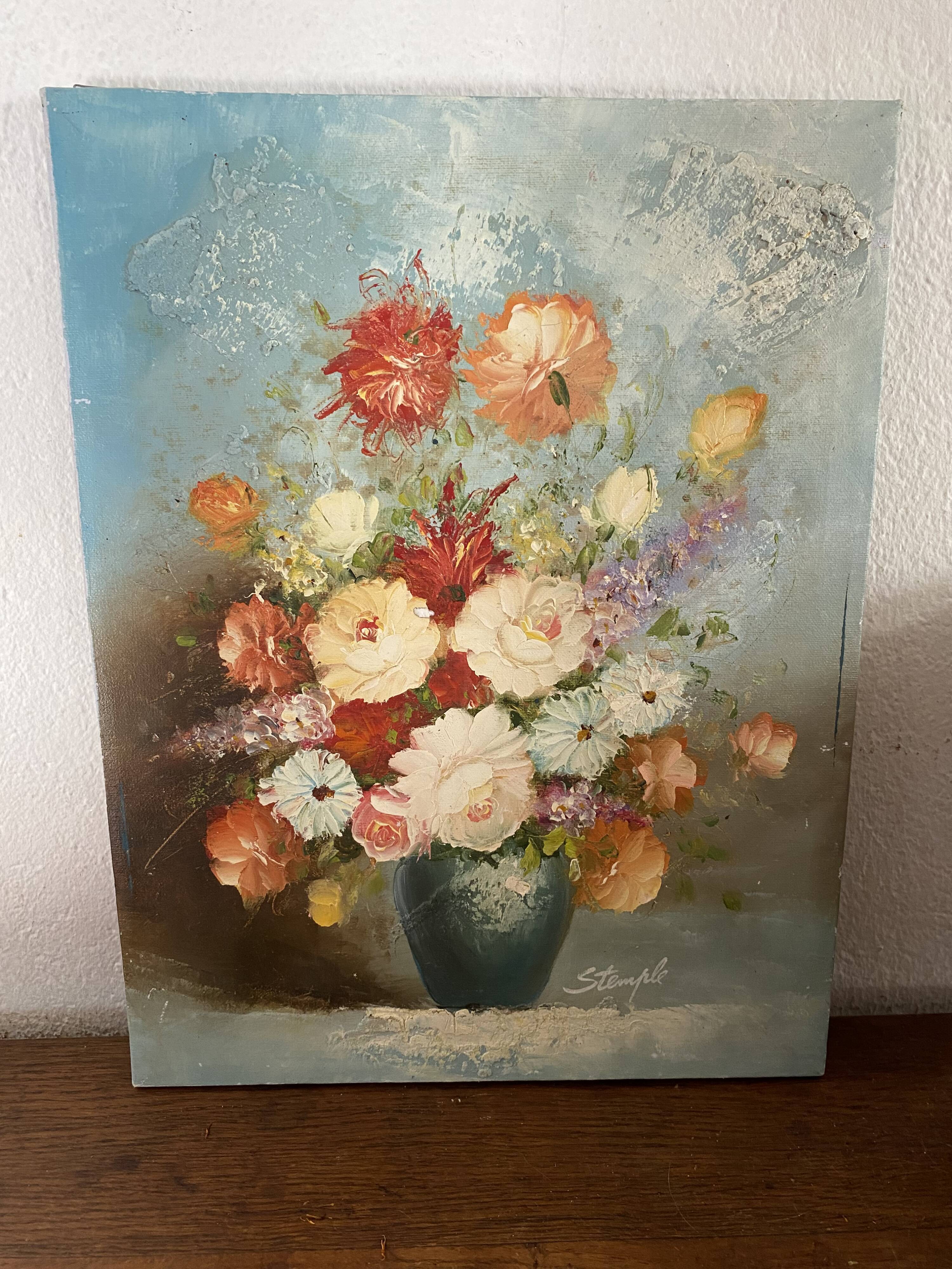 Peinture sur toile au bouquet de fleurs signée Stemple. | Selency