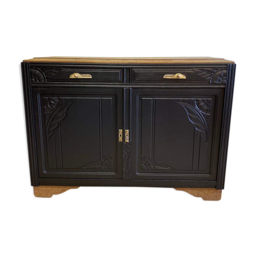 Buffet parisien ancien rénové en noir absolu et bois brut | Selency