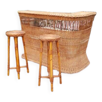 Bar et ses 2 tabourets en rotin, 1950 | Selency
