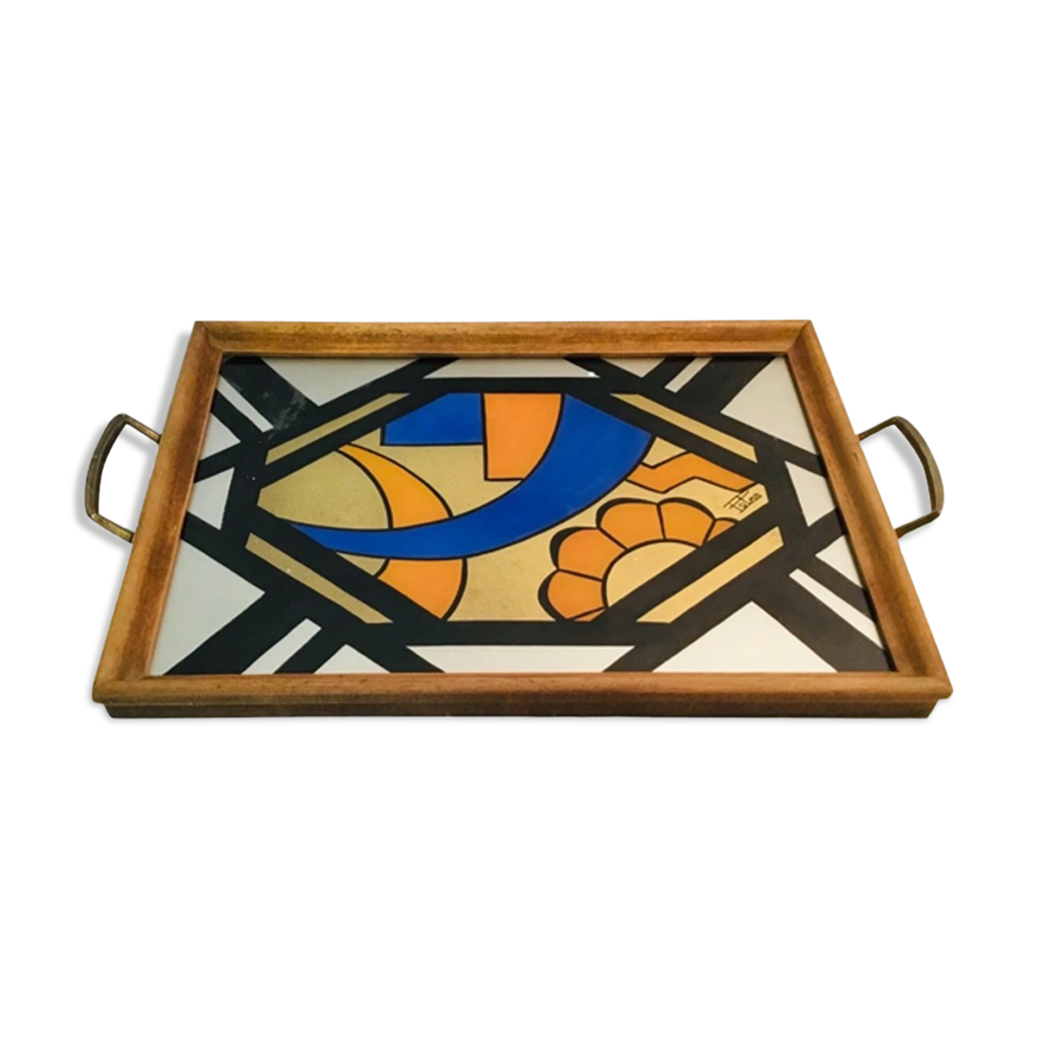 Plateau Art Déco, en verre et bois, signé Polma | Selency