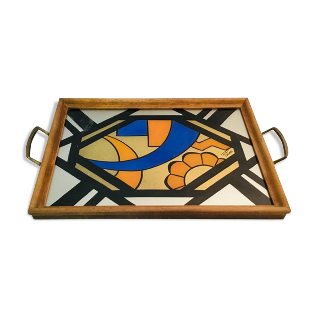 Plateau Art Déco, en verre et bois, signé Polma | Selency