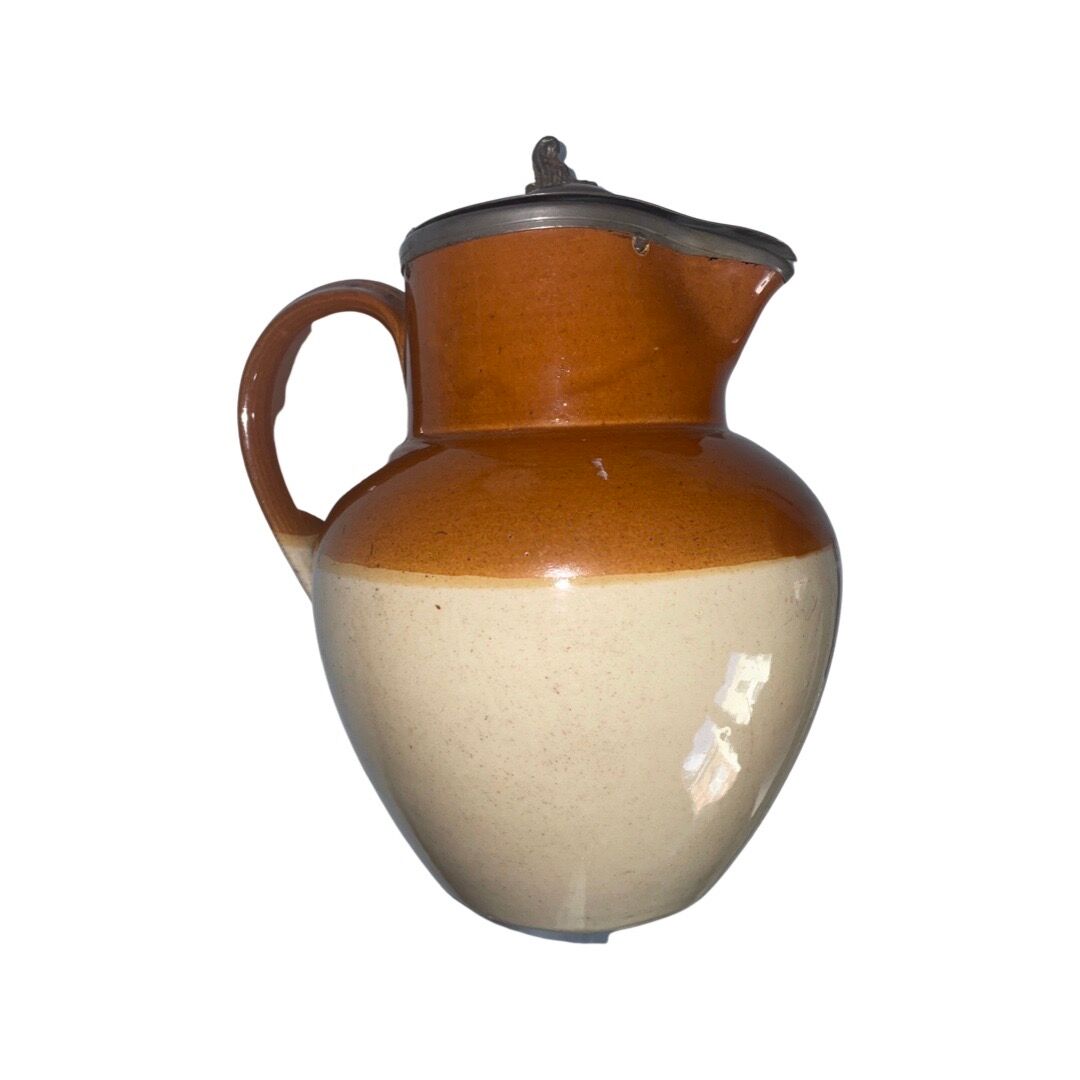 Pichet ancien brun et beige Langley Mill 19ème avec son couvercle en étain | Selency
