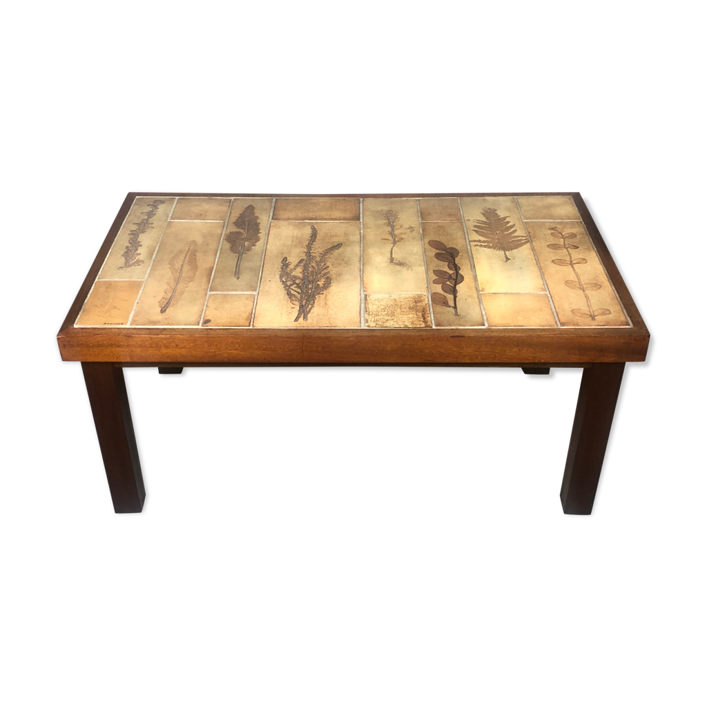 Table basse en bois et grès Céram décor herbier R.Capron | Selency
