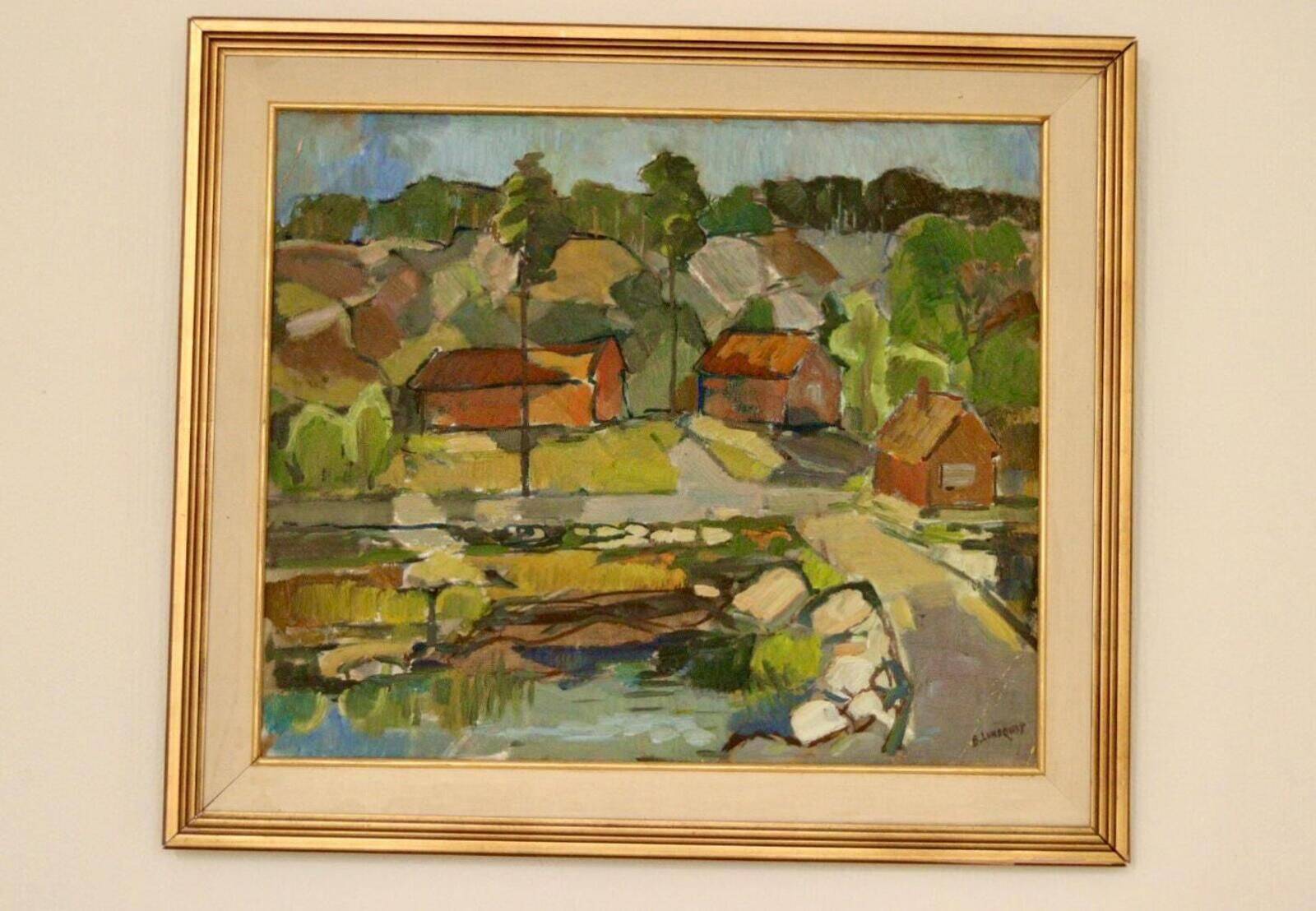 Huile sur panneau d'origine suédoise – "Village" par Bertil Lundqvist ...