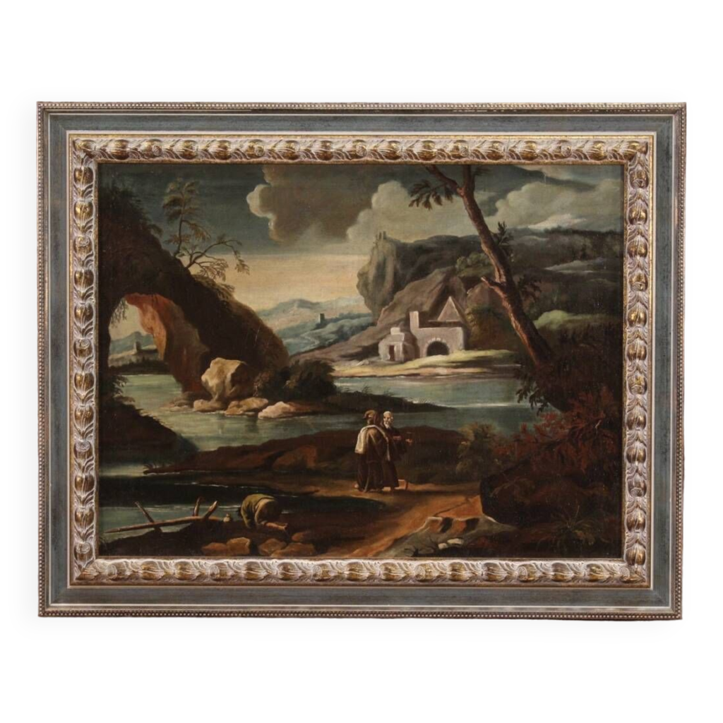 Ancien tableau italien paysage avec personnages du 18ème siècle | Selency